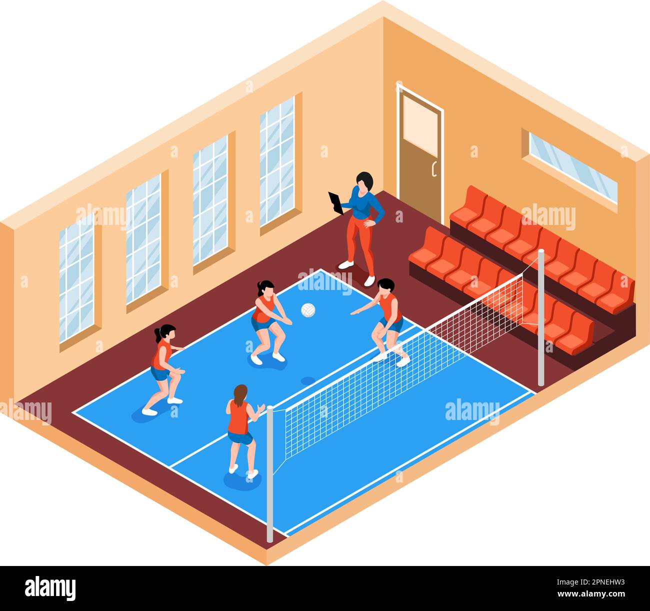 Female school team playing volleyball in gym 3d isometric vector ...