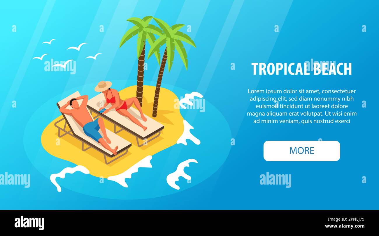 Isometric horizontal blue background web banner with couple relaxing on ...