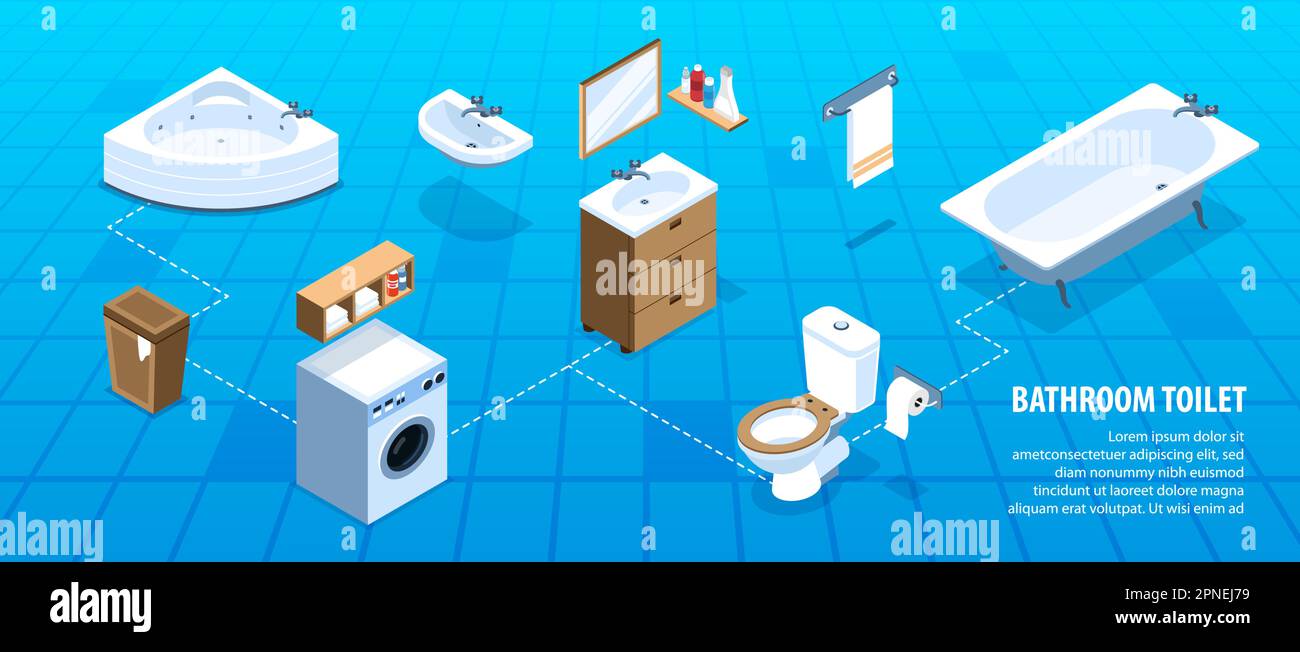 Bathroom toilet interior isometric blue background infographics with ...