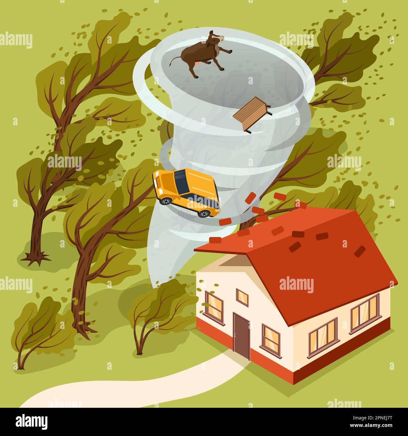 Natural disaster landscape with strong wind and tornado hitting ...