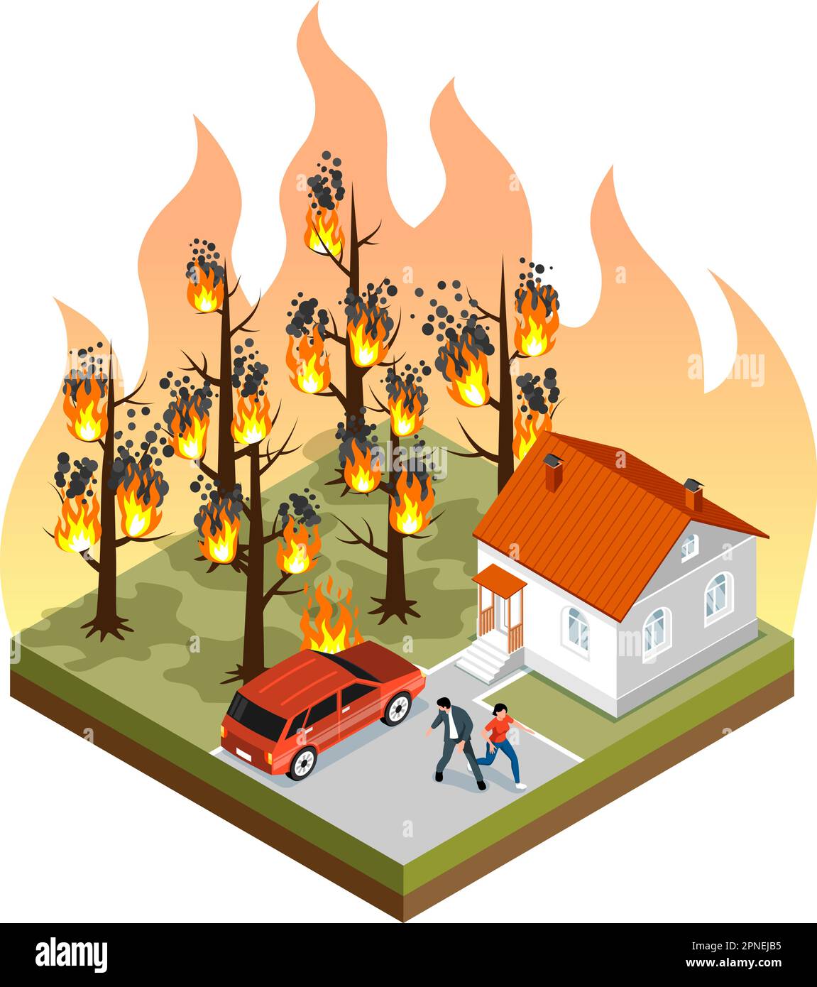 Natural disaster forest fire isometric concept with worried people ...