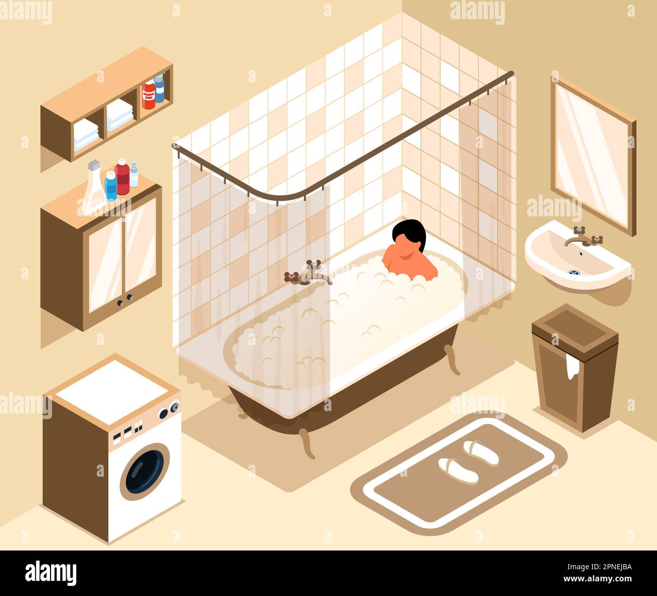 Isometric bathroom interior with washing machine mirror cabinet ...