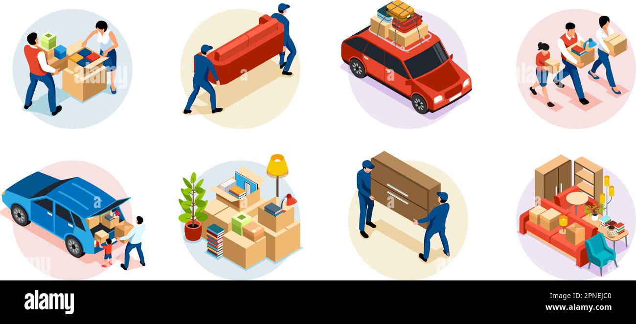 Family moving compositions set with movers and owners carrying ...