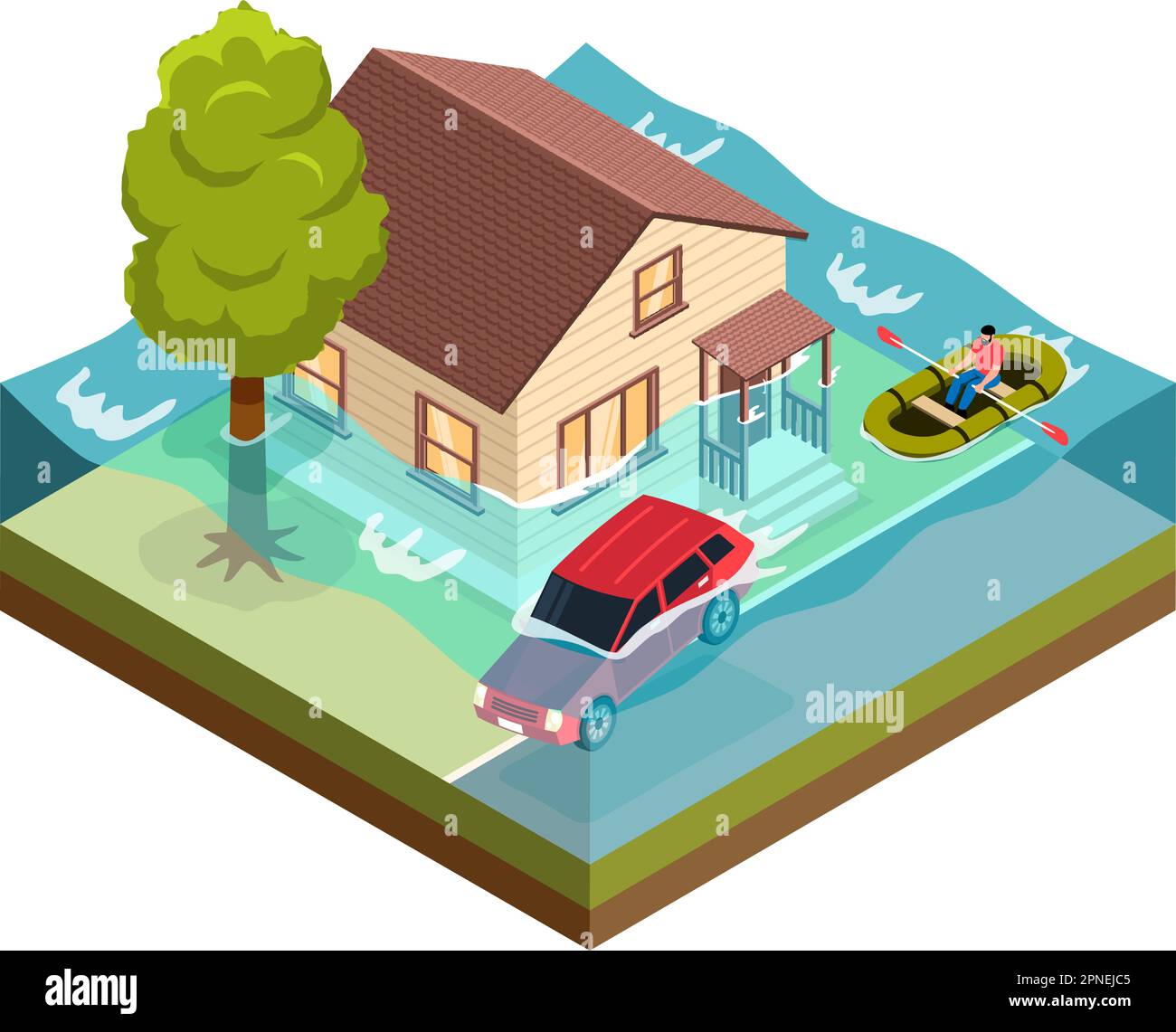 Isometric natural disaster flood concept with flooded house car and man ...