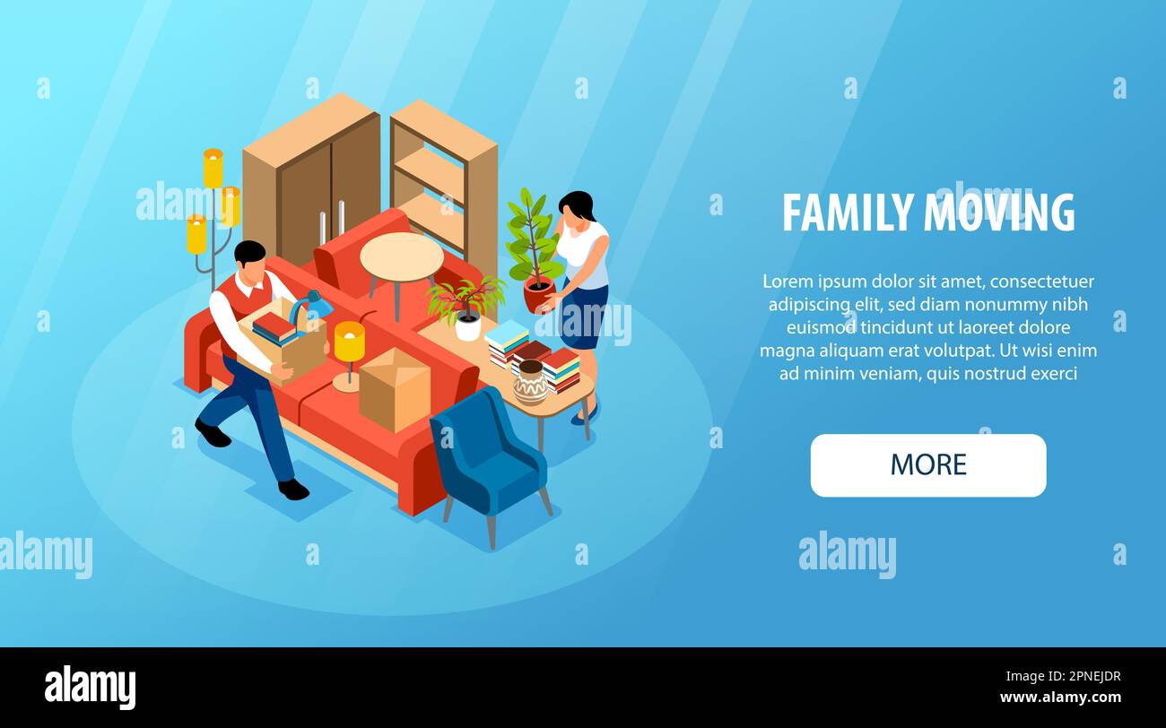 Isometric horizontal family moving website banner with couple packing ...