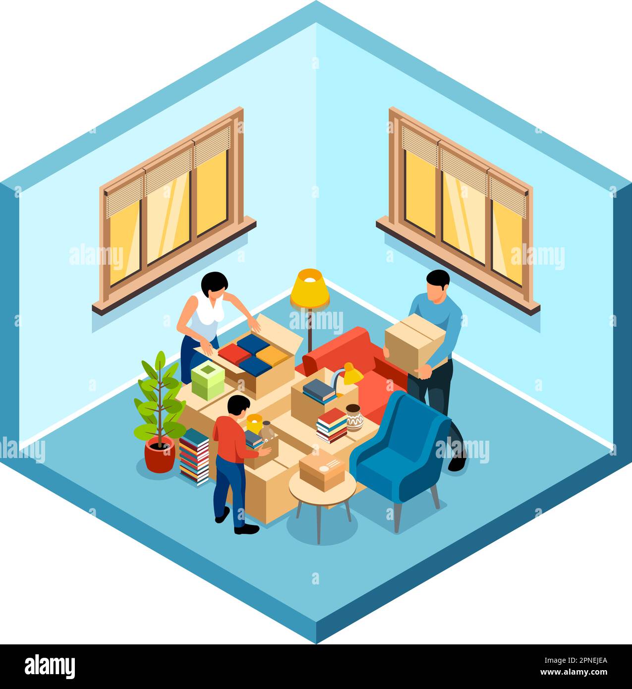 Family moving isometric concept with people packing things into ...