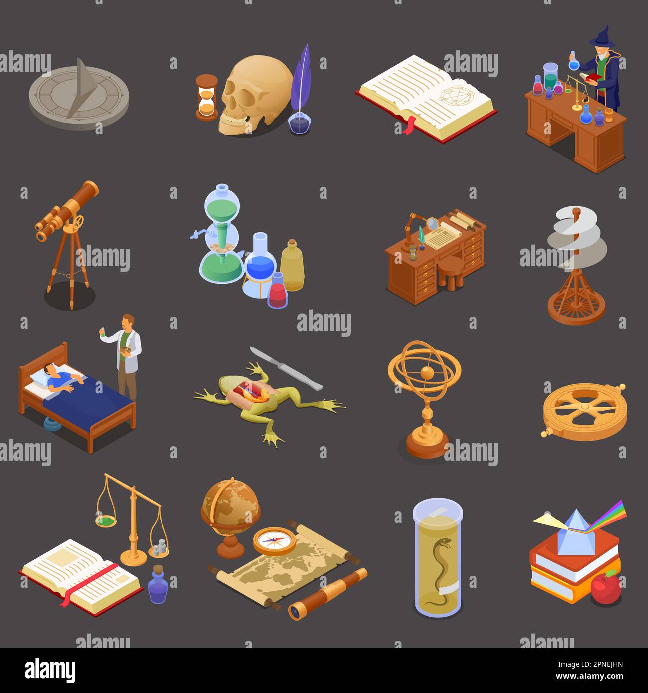 Ancient science icons set with alchemy and biology symbols isometric ...