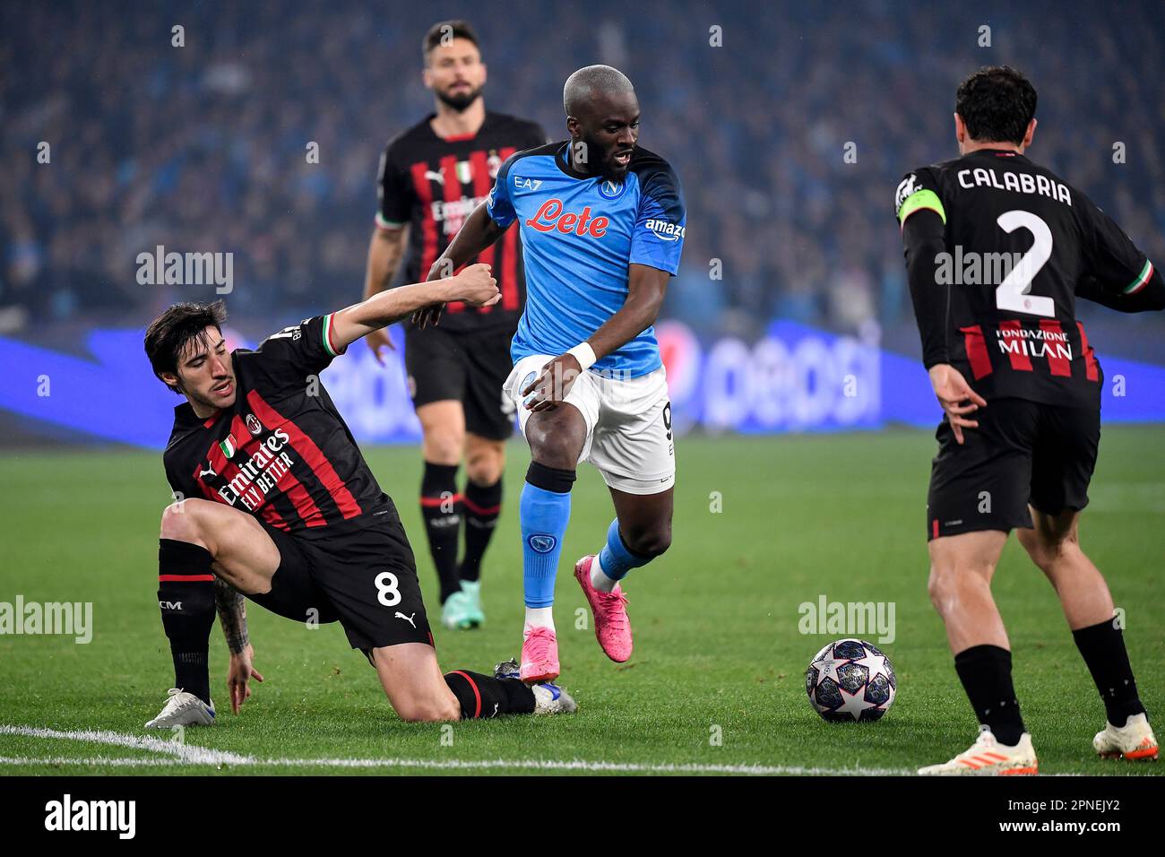 Naples, Italy. 18th Apr, 2023. Sandro Tonali of AC Milan and Tanguy ...
