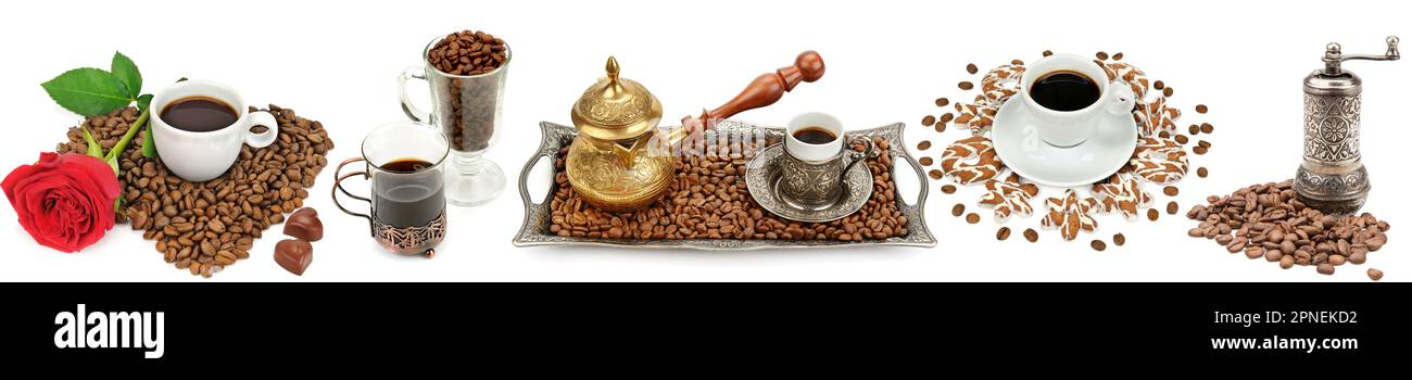 Coffee beans and coffee drink isolated on white background. Panoramic ...