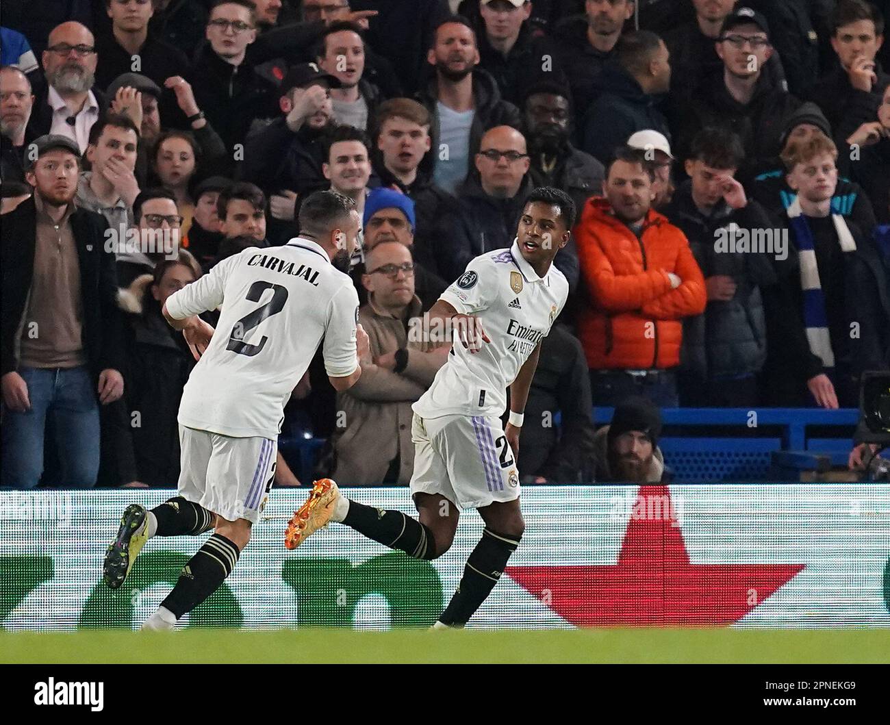 Real Madrid's Rodrygo celebrates scoring their side's first goal of the ...