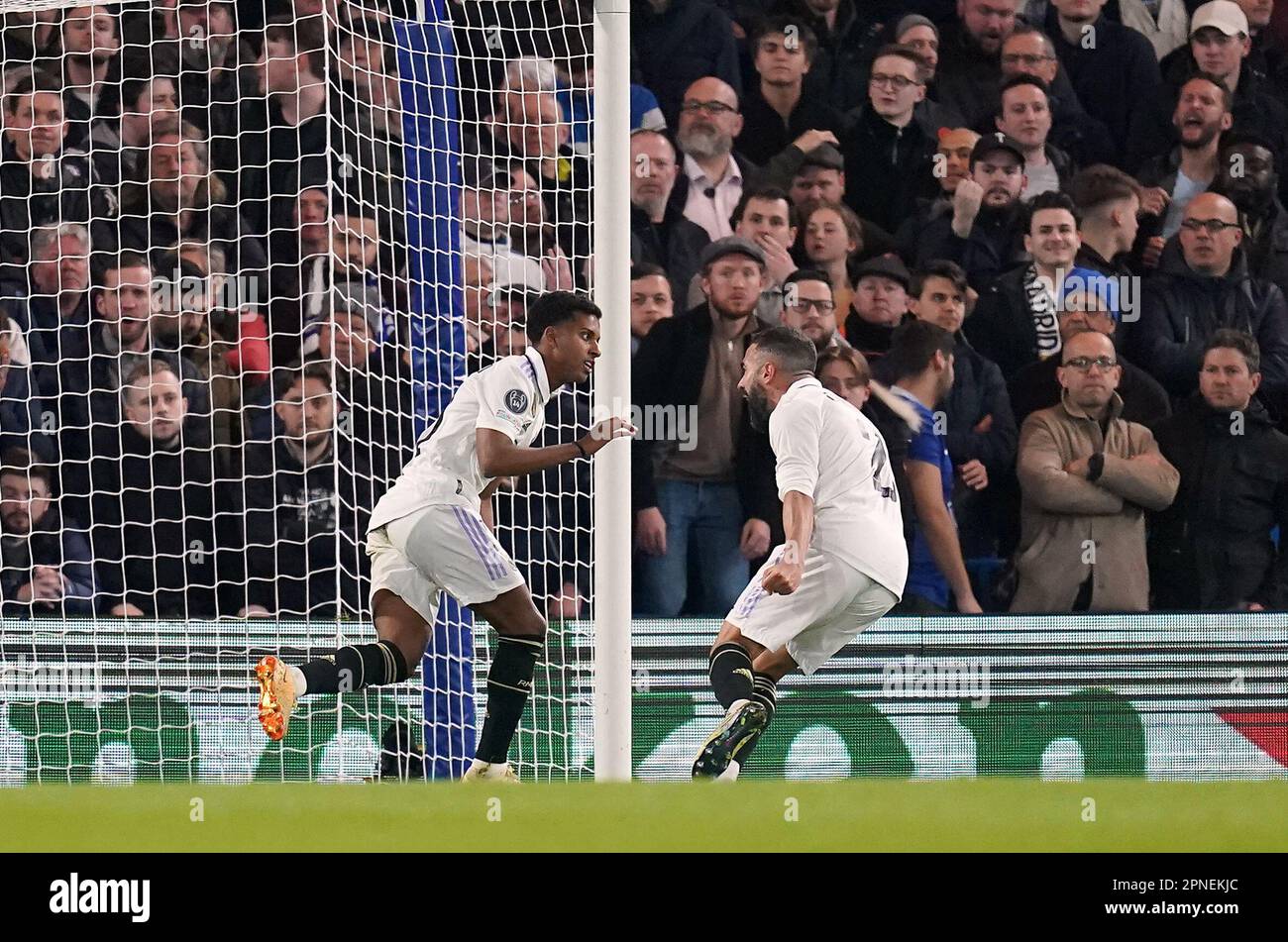Real Madrid's Rodrygo celebrates scoring their side's first goal of the ...