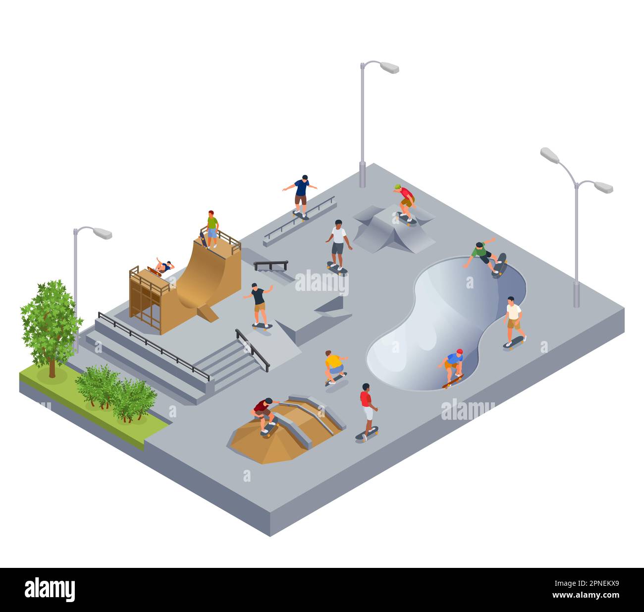 Skate park concept with sport activity symbols isometric vector ...