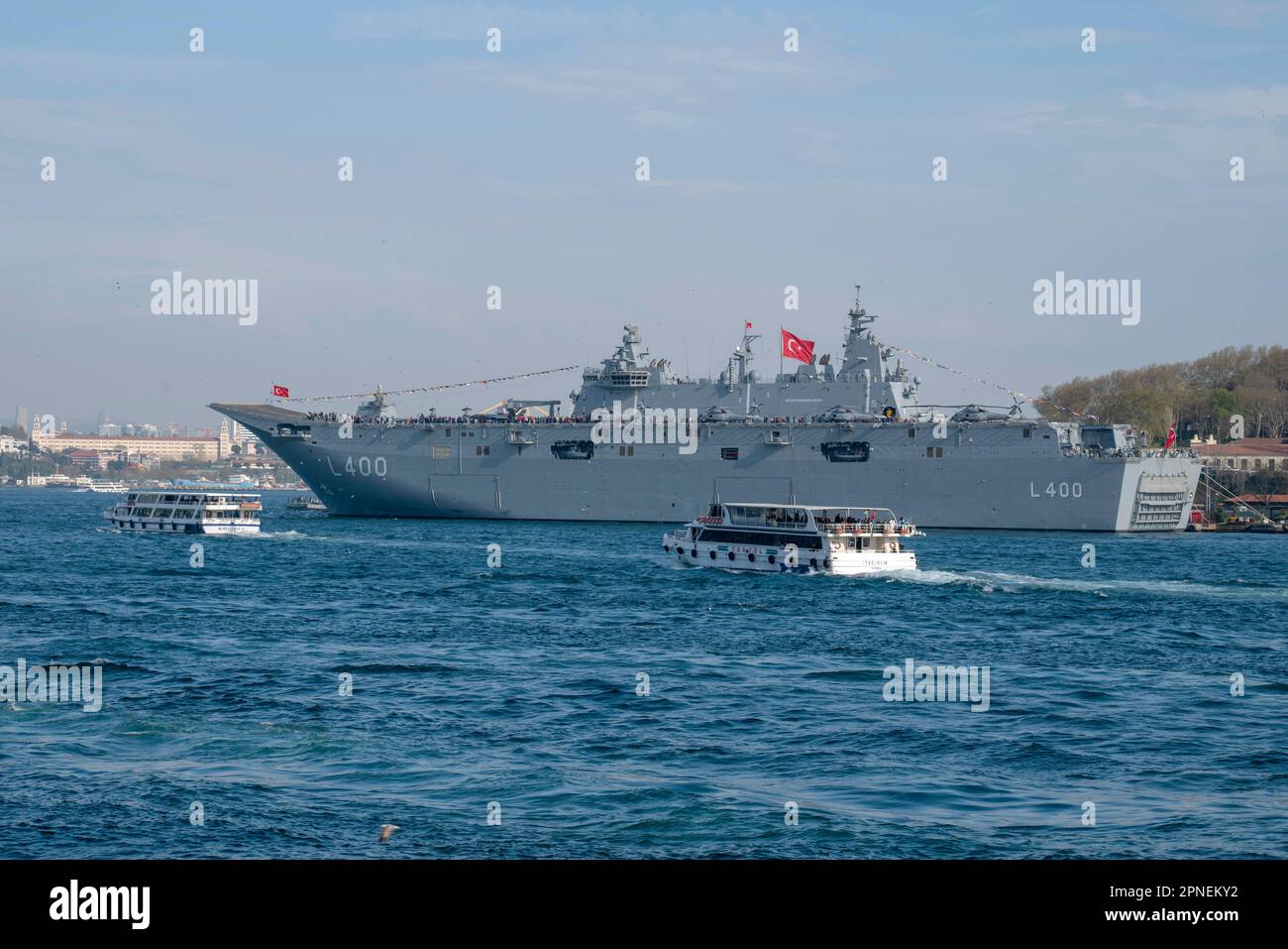 Fatih, Istanbul, Turkey. 17th Apr, 2023. Turkey's largest warship TCG Anadolu L400 docked at ...