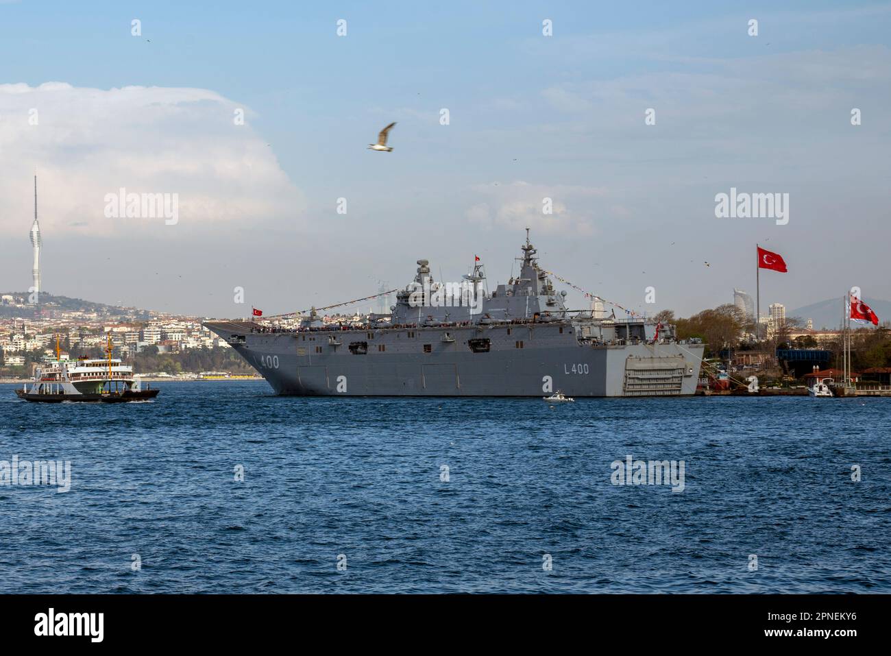 Fatih, Istanbul, Turkey. 17th Apr, 2023. Turkey's largest warship TCG Anadolu L400 docked at ...