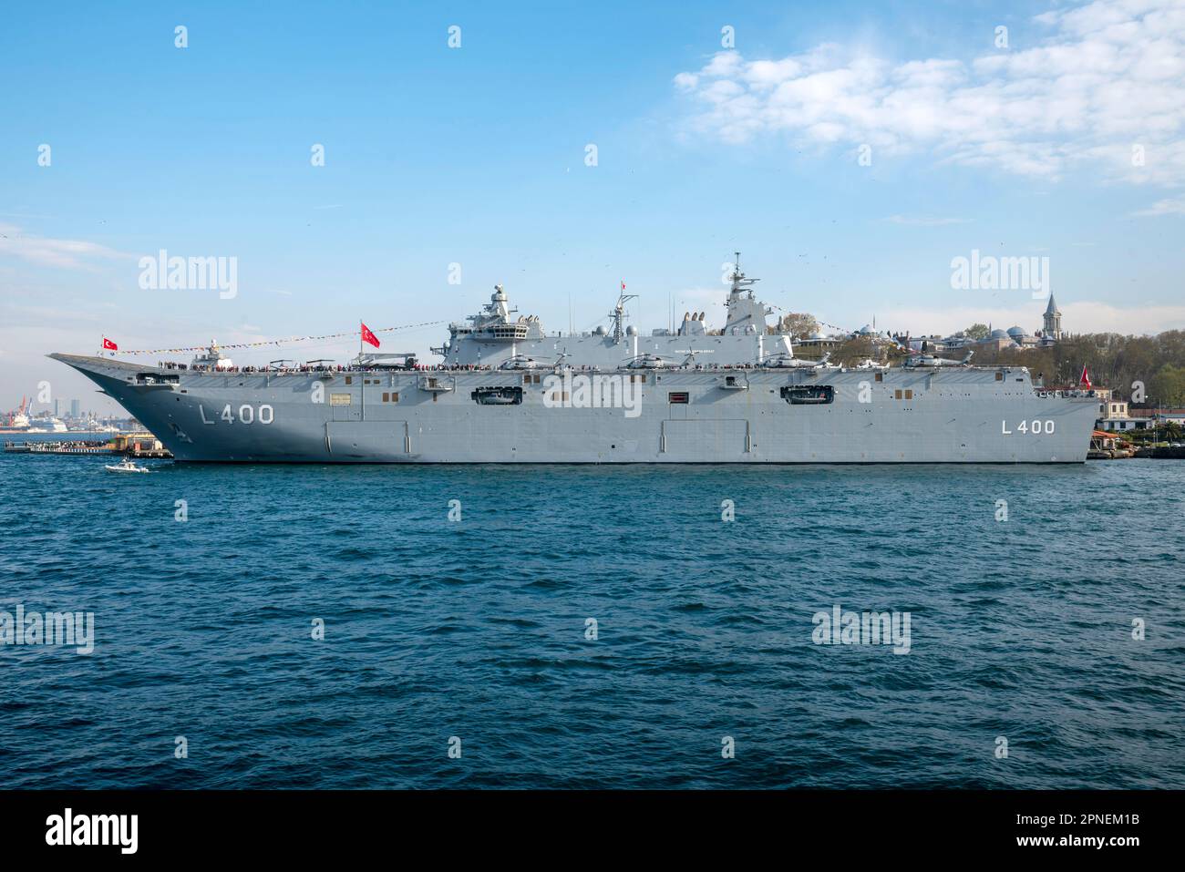 Fatih, Istanbul, Turkey. 17th Apr, 2023. Turkey's largest warship TCG Anadolu L400 docked at ...