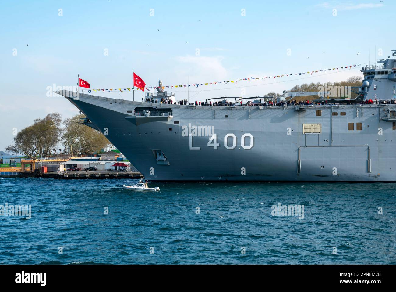 Fatih, Istanbul, Turkey. 17th Apr, 2023. Turkey's largest warship TCG Anadolu L400 docked at ...