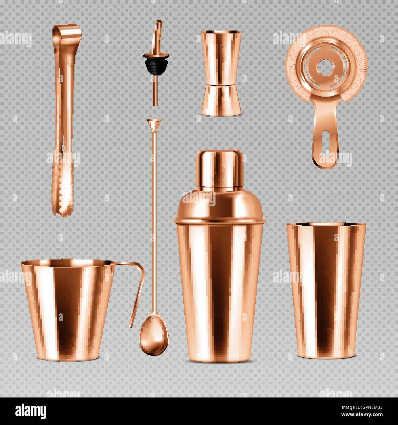 Bar equipment realistic set with shiny metal shaker jigger strainer ...