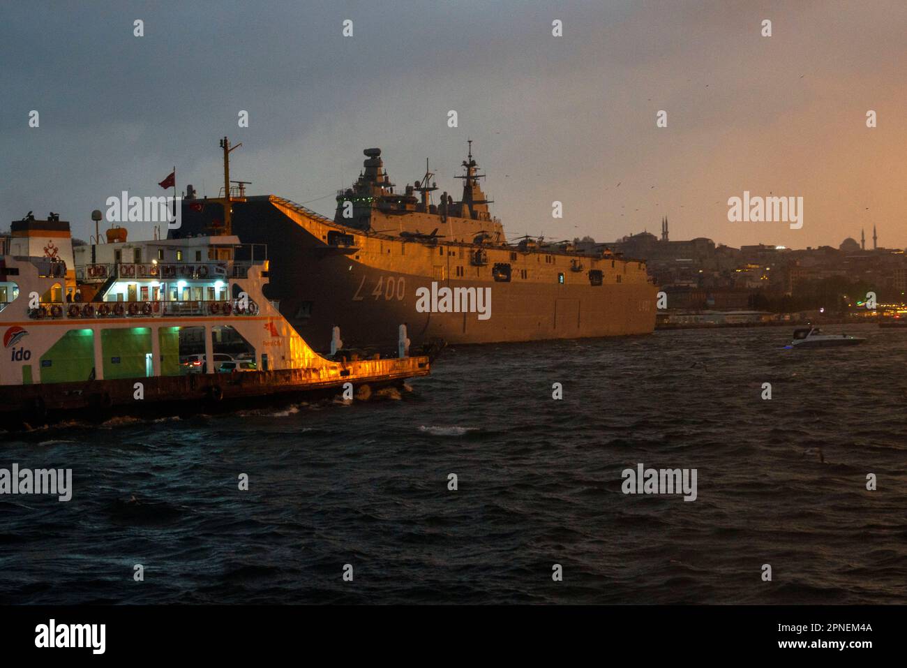 Fatih, Istanbul, Turkey. 18th Apr, 2023. Turkey's largest warship TCG Anadolu L400 docked at ...