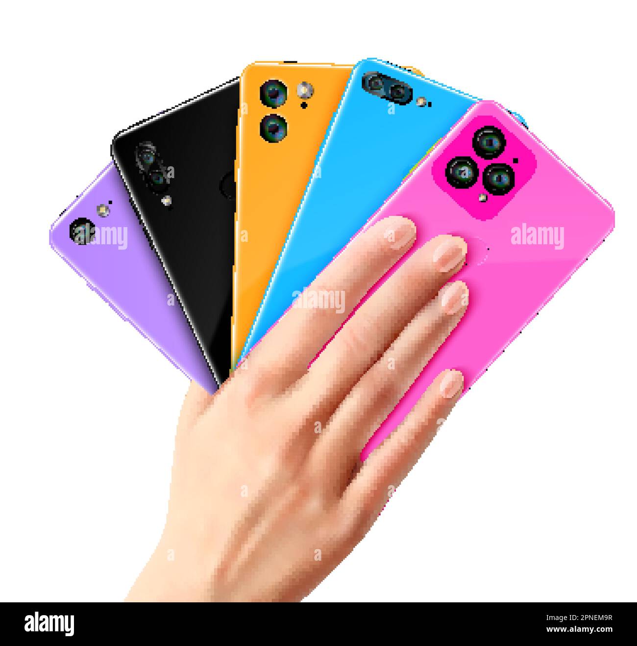 Female hand holding several smartphones of different colors on white ...