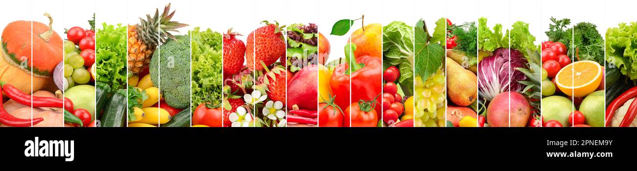 Panorama of multicolored fresh fruits and vegetables separated vertical ...
