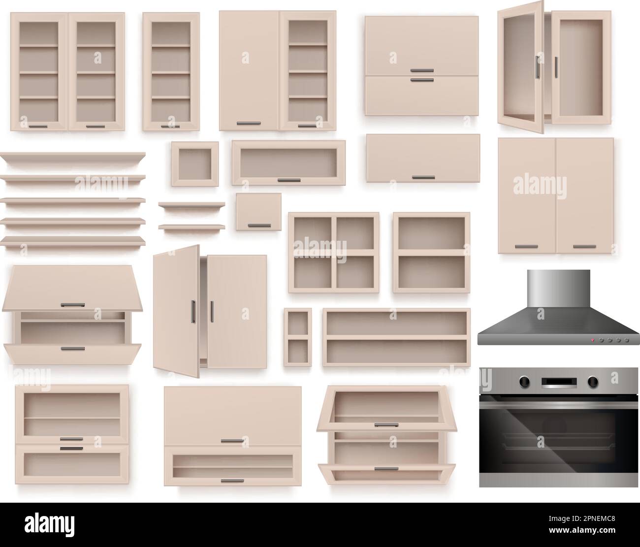 Realistic modern kitchen interior furniture elements set with cooker ...