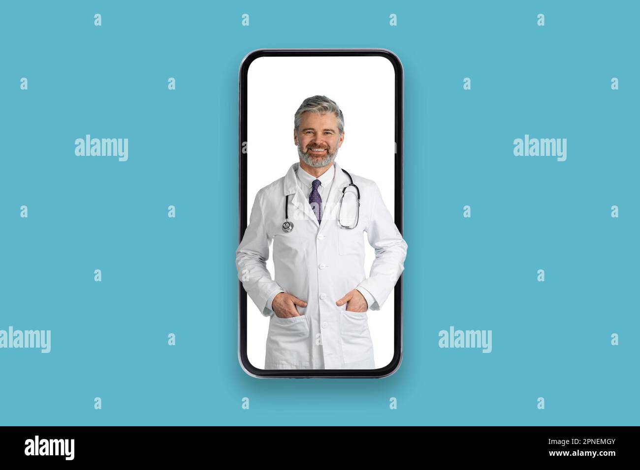 Happy grey-haired doctor standing in phone screen, collage Stock Photo ...