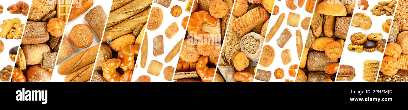 Bread products isolated on white background separated sloping lines ...