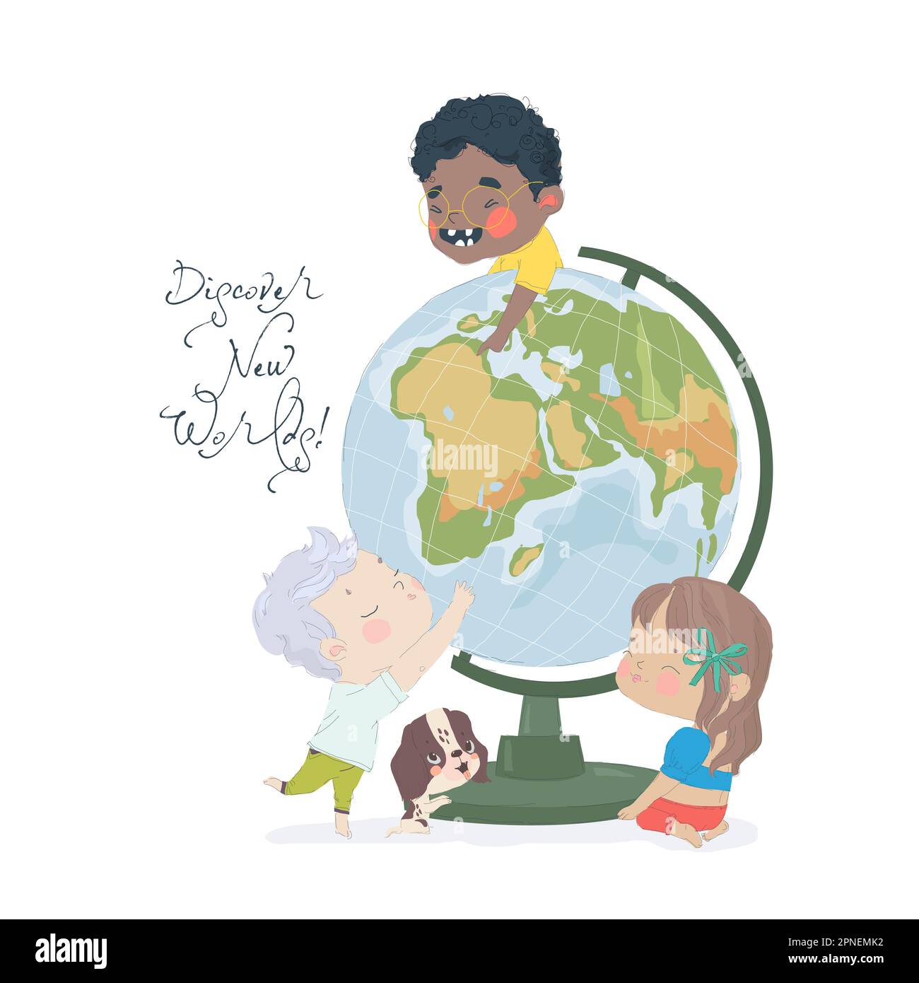 Cartoon Happy Children looking at the Globe Stock Vector Image & Art ...