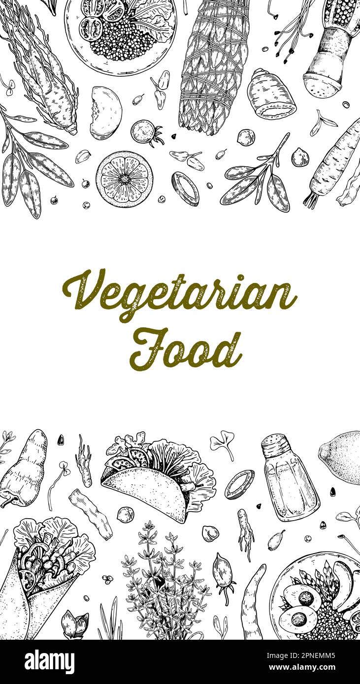 Vegetarian food background. Hand drawn vector illustration in sketch ...