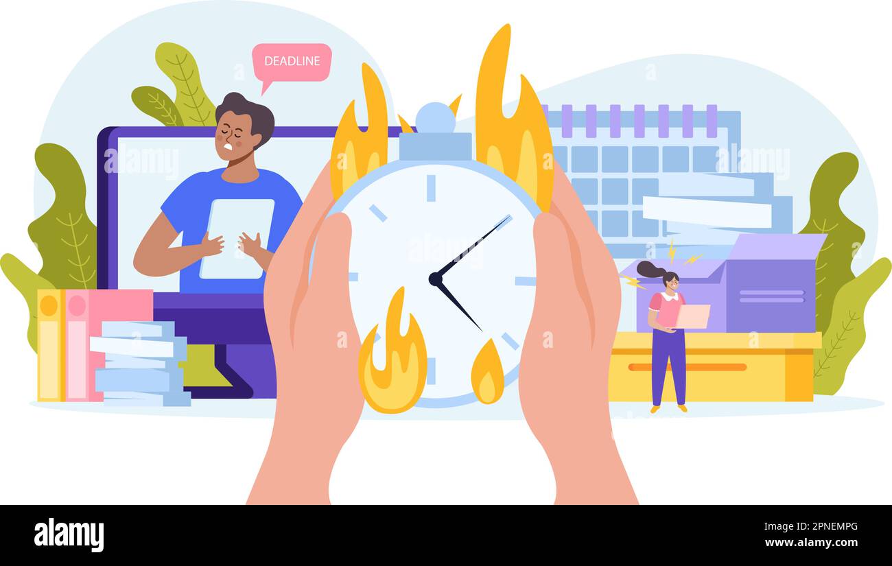 Business stress flat composition of burning clock in human hands icons ...