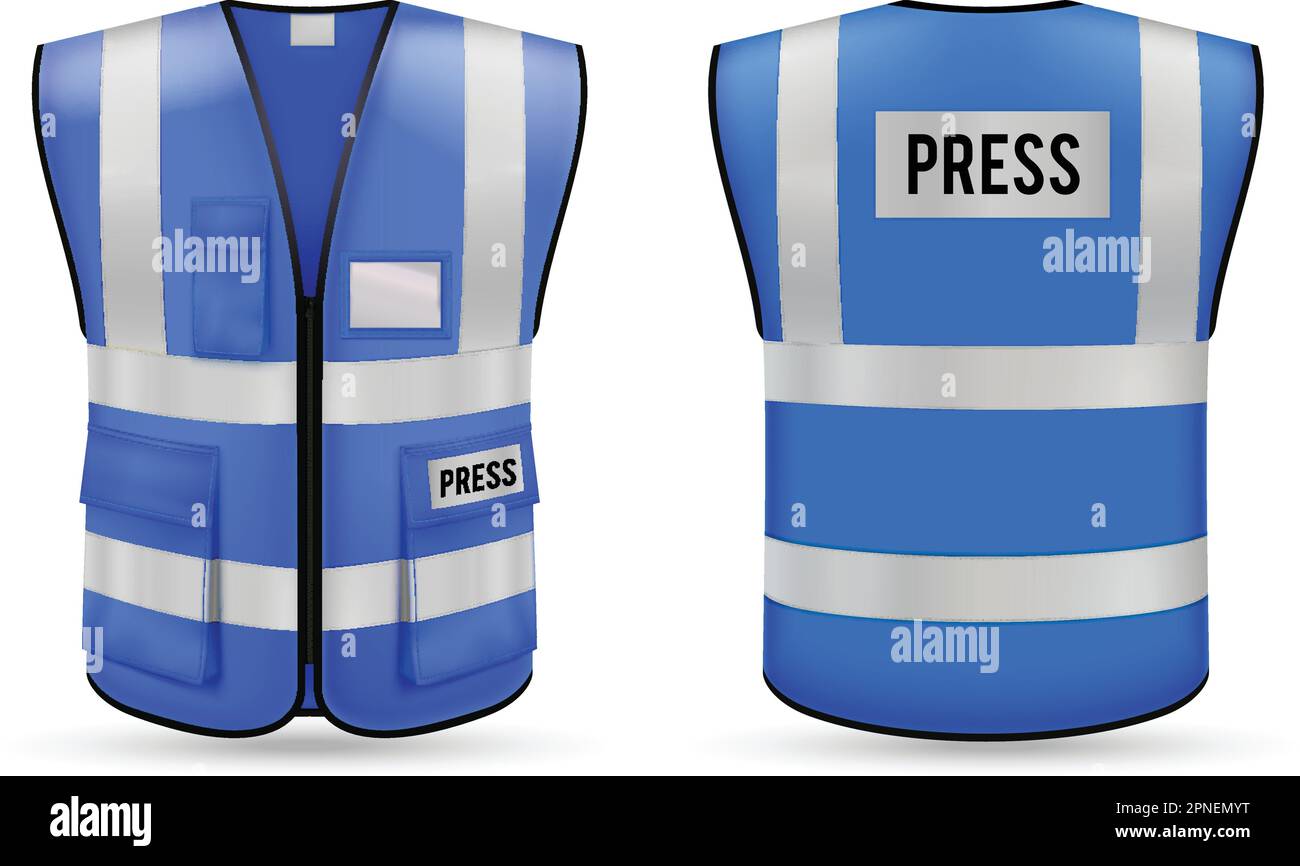 Press blue safety vest with reflective stripes front and back views ...