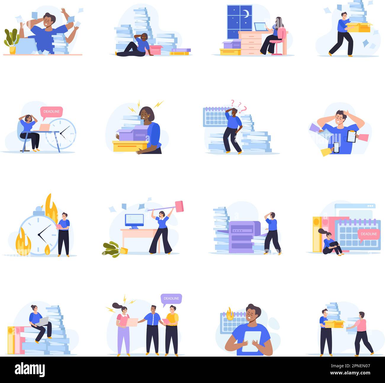 Business stress flat set of isolated icons with conceptual views of ...