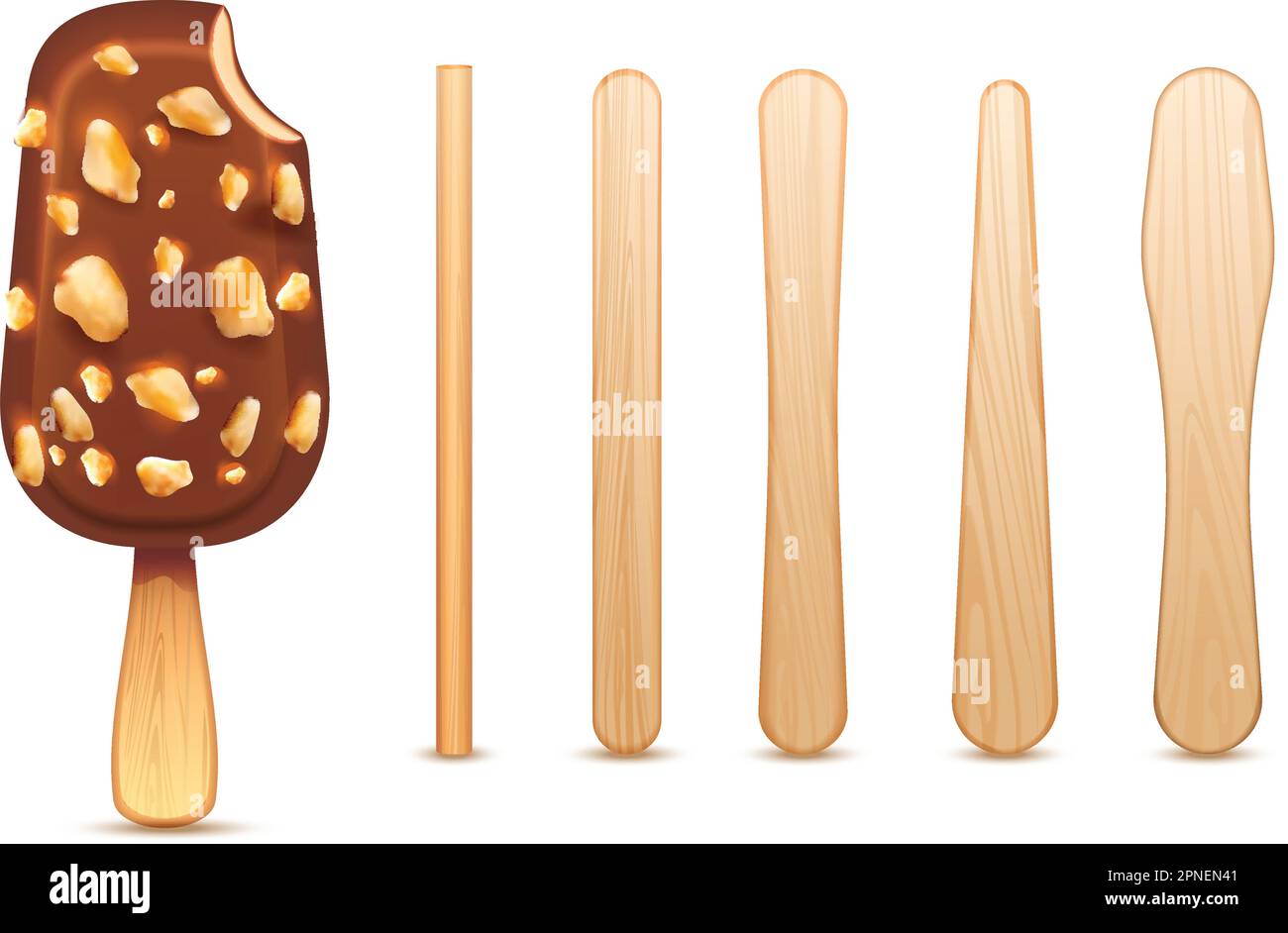 Realistic set of bitten chocolate covered ice cream with nuts and ...