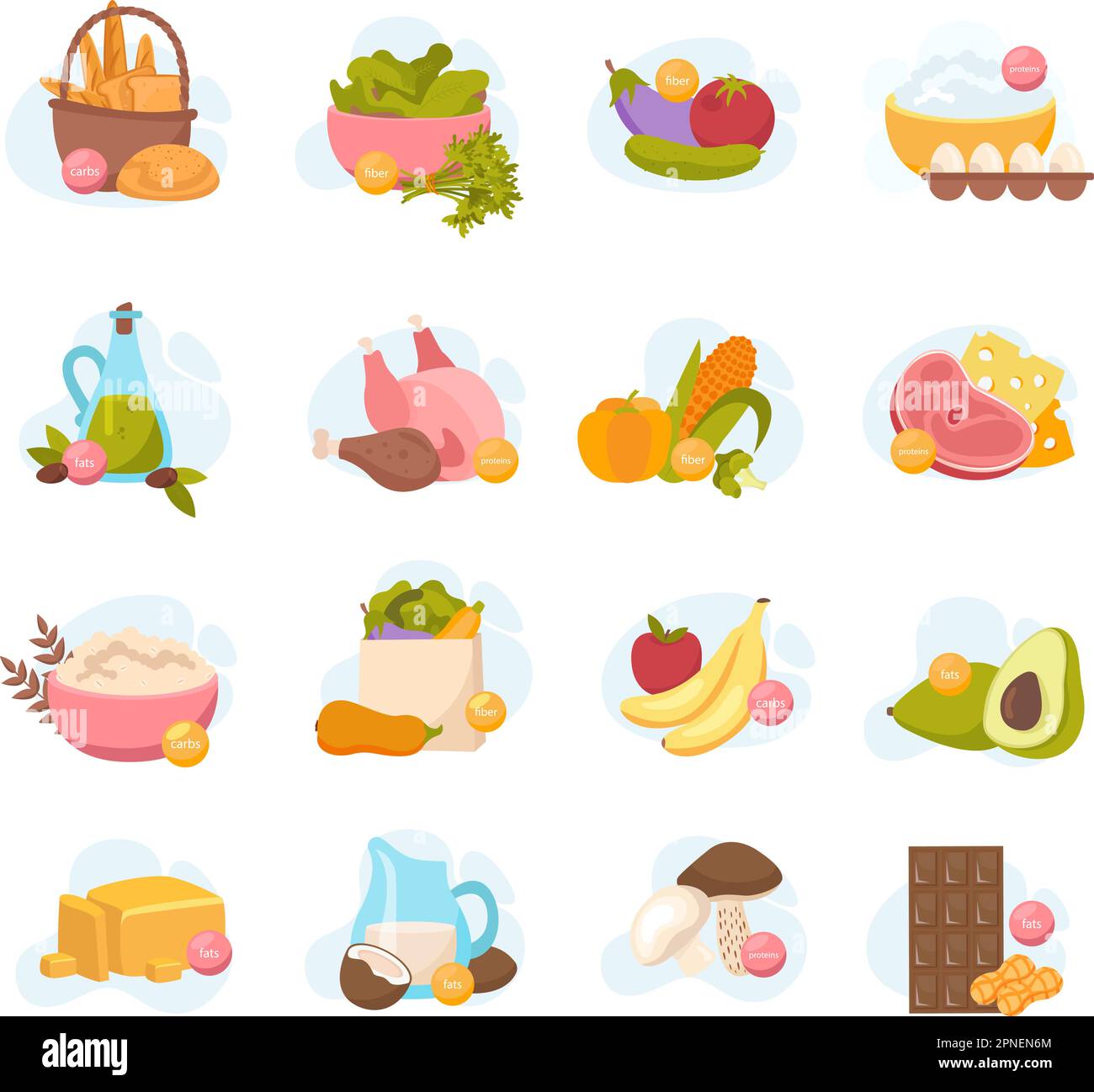 Macronutrients flat icons collection with isolated compositions of food ...