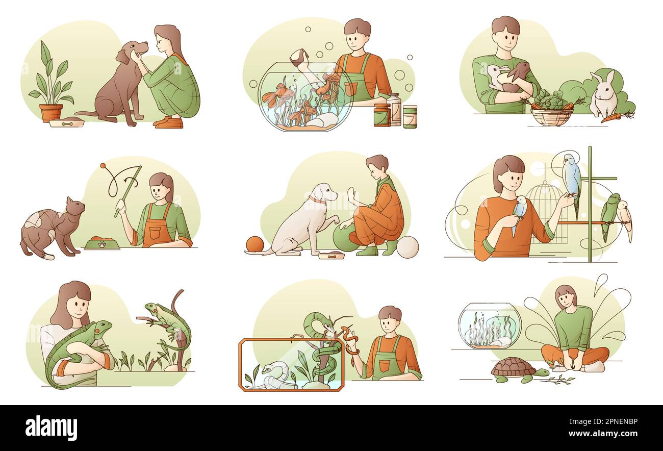 People playing feeding looking after their pets flat set isolated ...
