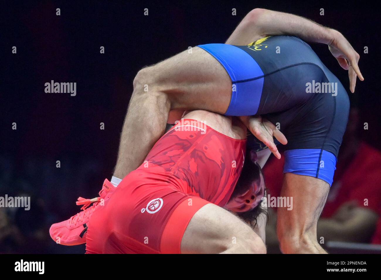 CROATIA – APRIL 18: Haji Aliyev of Azerbijan (red) competes against ...