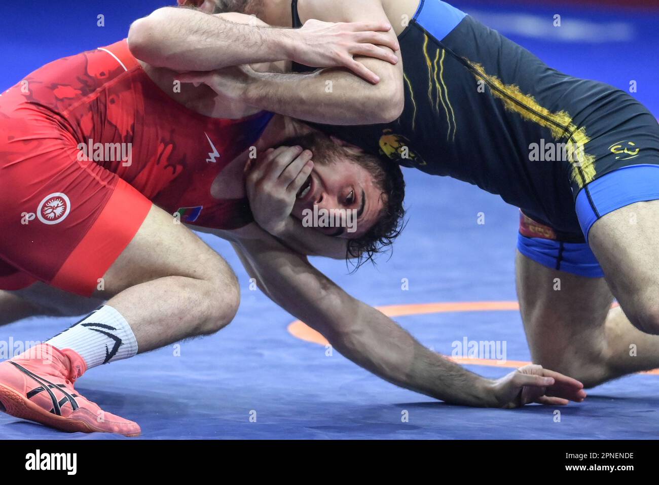 CROATIA – APRIL 18: Haji Aliyev of Azerbijan (red) competes against ...