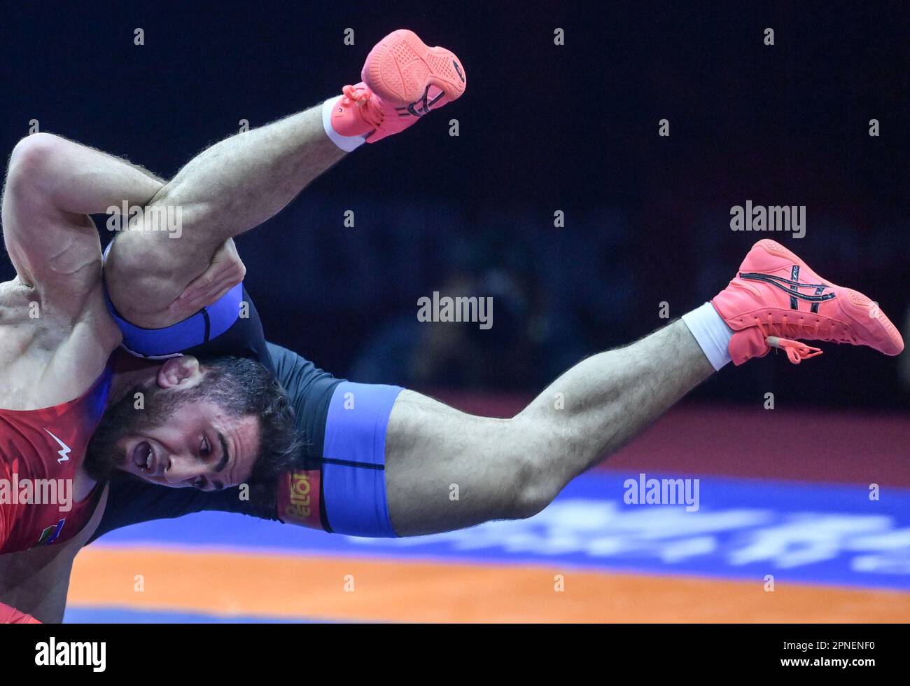 CROATIA – APRIL 18: Haji Aliyev of Azerbijan (red) competes against ...