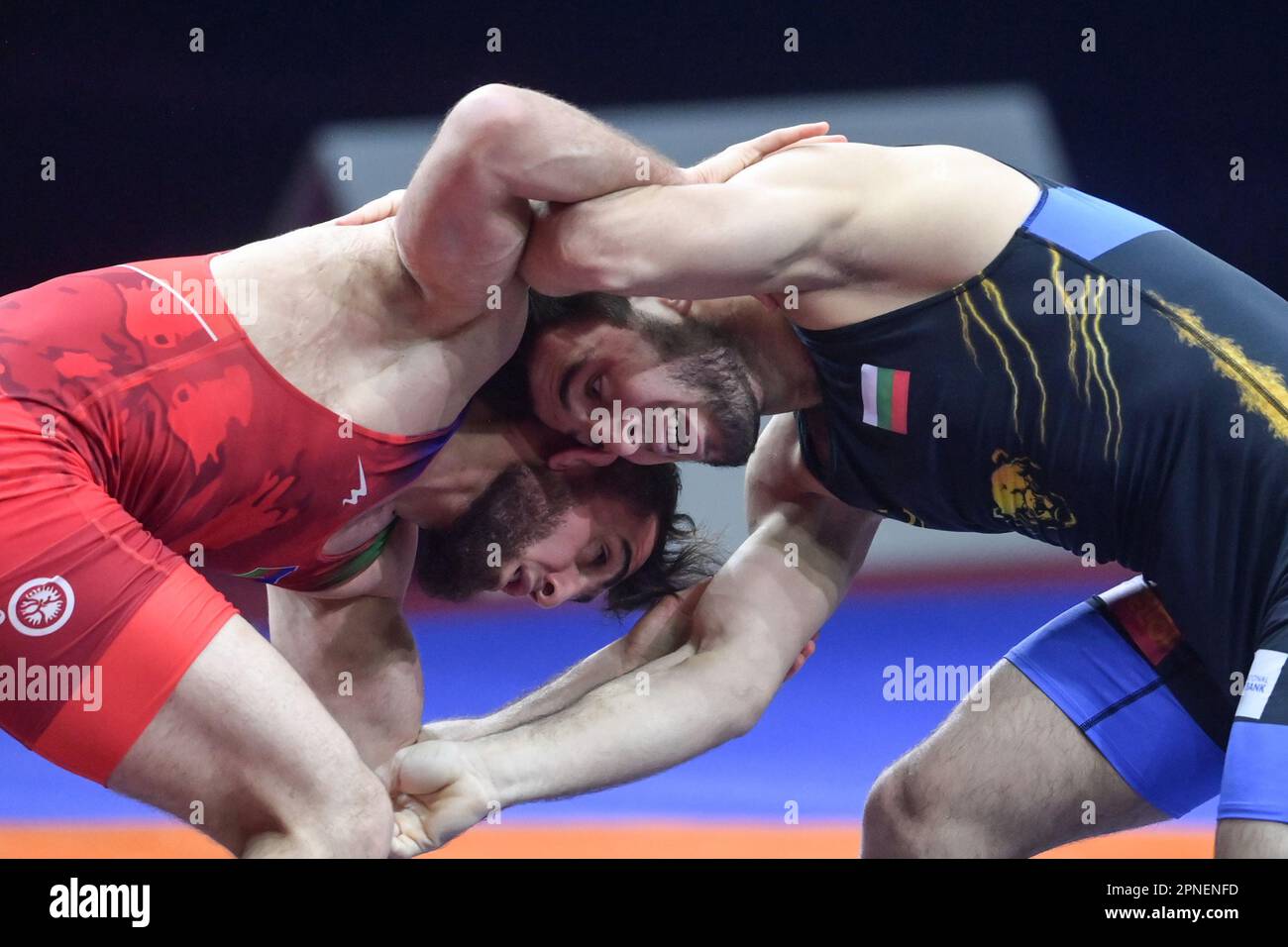 CROATIA – APRIL 18: Haji Aliyev of Azerbijan (red) competes against ...