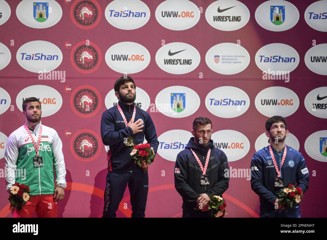 ZAGREB, CROATIA – APRIL 18: Silver medal Mikyay Naim of Bulgaria, Gold ...