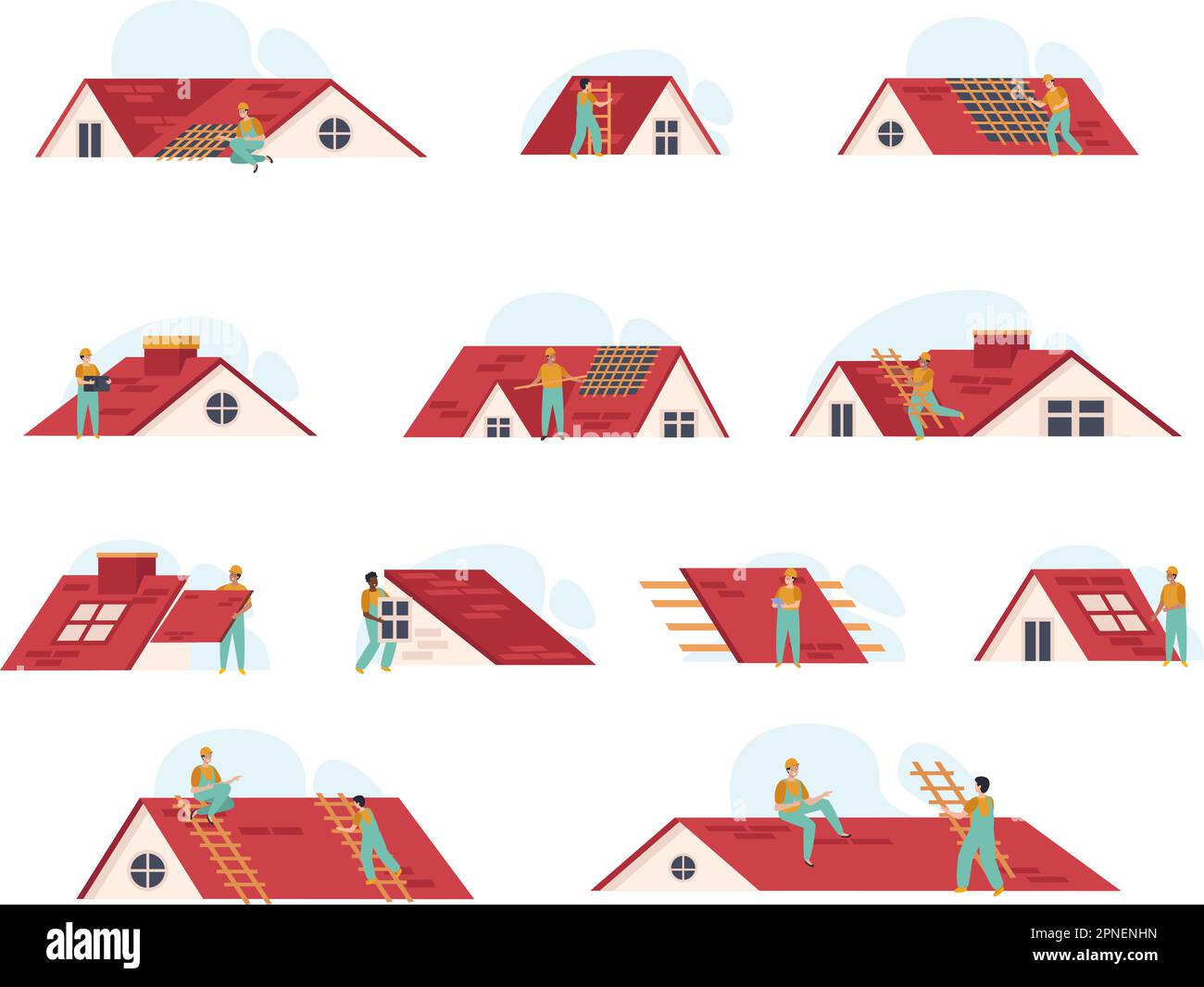 Roof set with blank background and isolated icons of house tops with characters of working ...