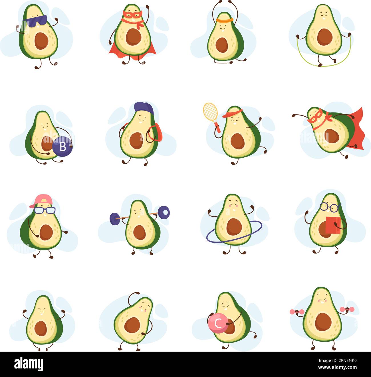 Cartoon avocado flat set of isolated icons with doodle style characters ...