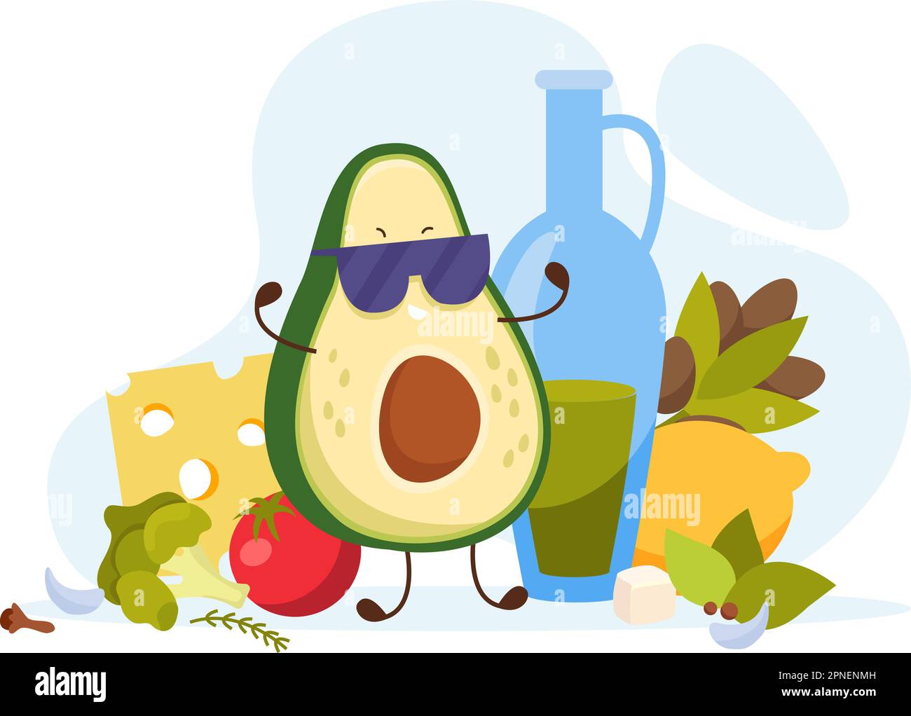 Cartoon avocado flat composition with character of fruit wearing ...