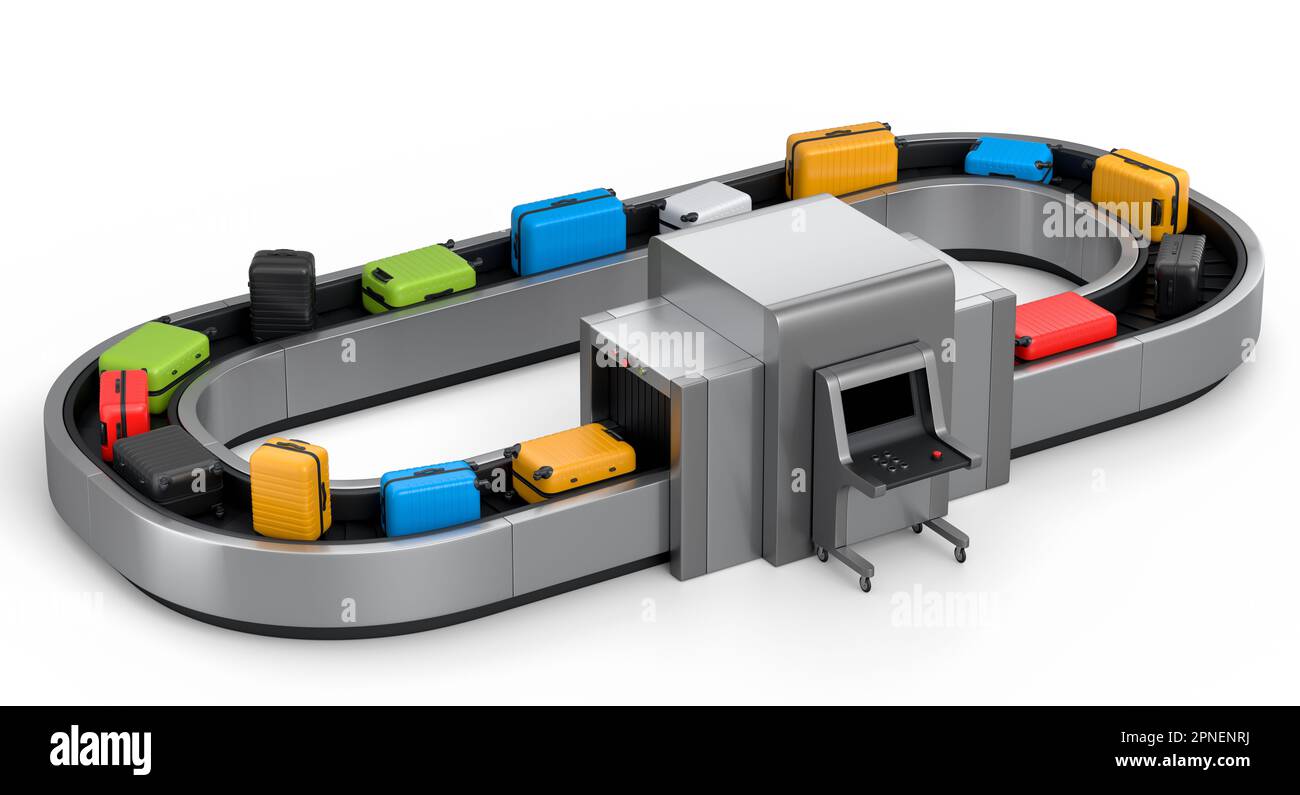 Airport luggage conveyor belt or baggage claim area with suitcases on ...