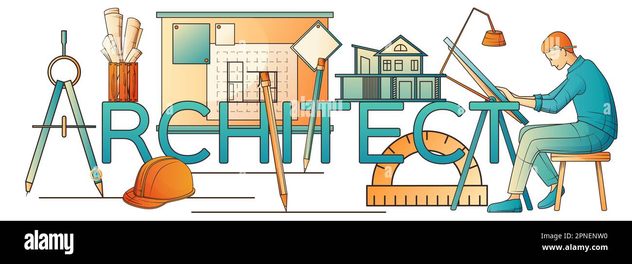 Architect text flat composition with various tools for working on ...