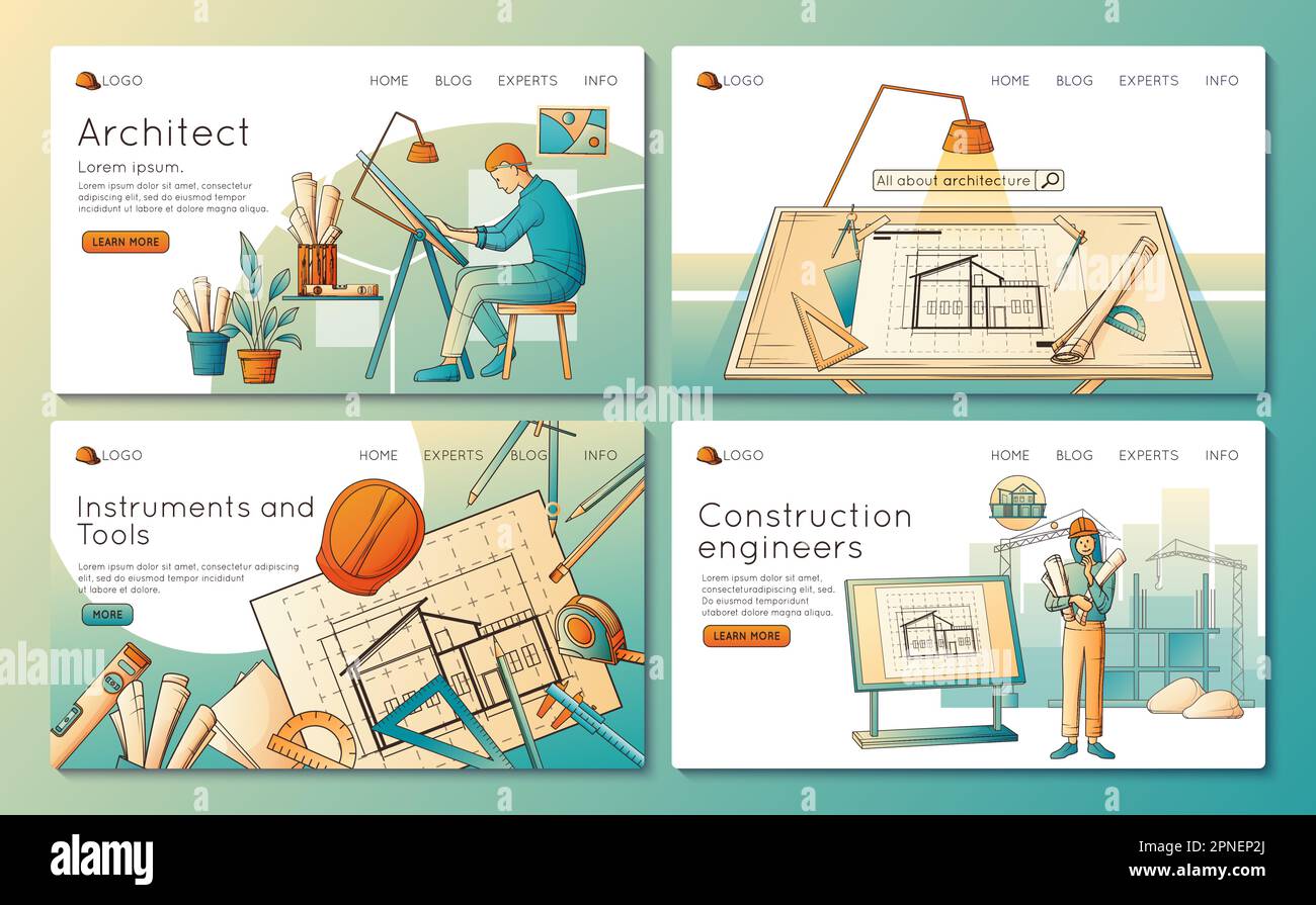 Architects and construction engineers flat website banners set with ...