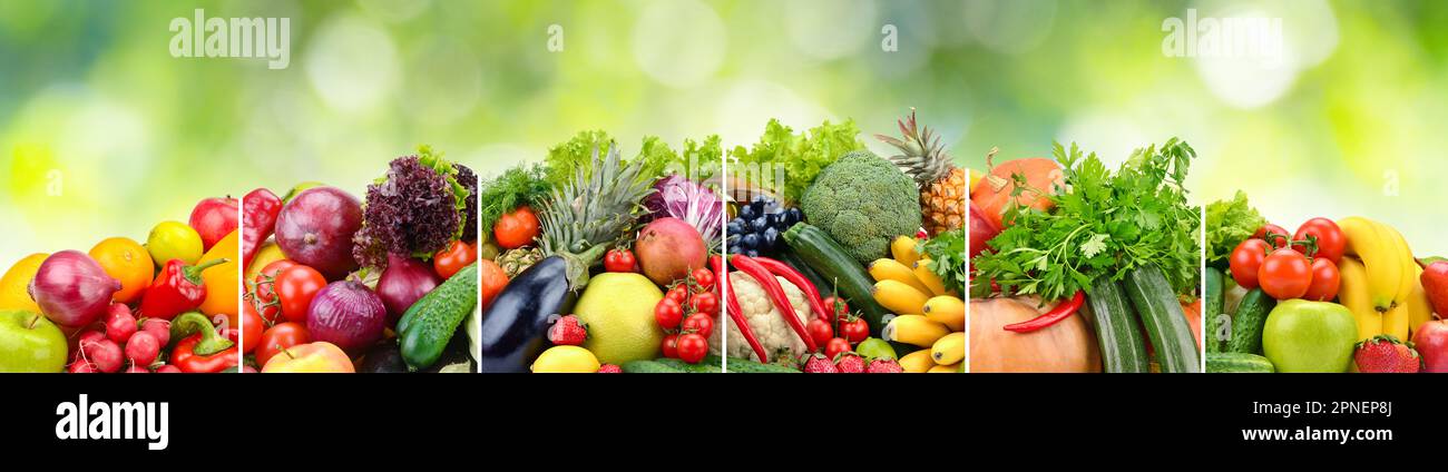 Healthy and fresh vegetables and fruits separated vertical stripes on ...