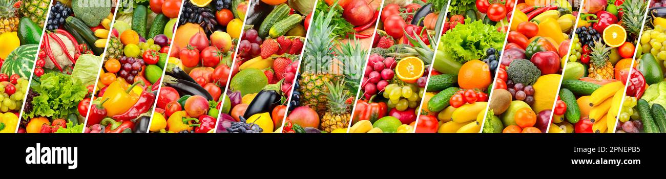 Fruits, vegetables, berries separated by oblique lines. Wide panorama ...