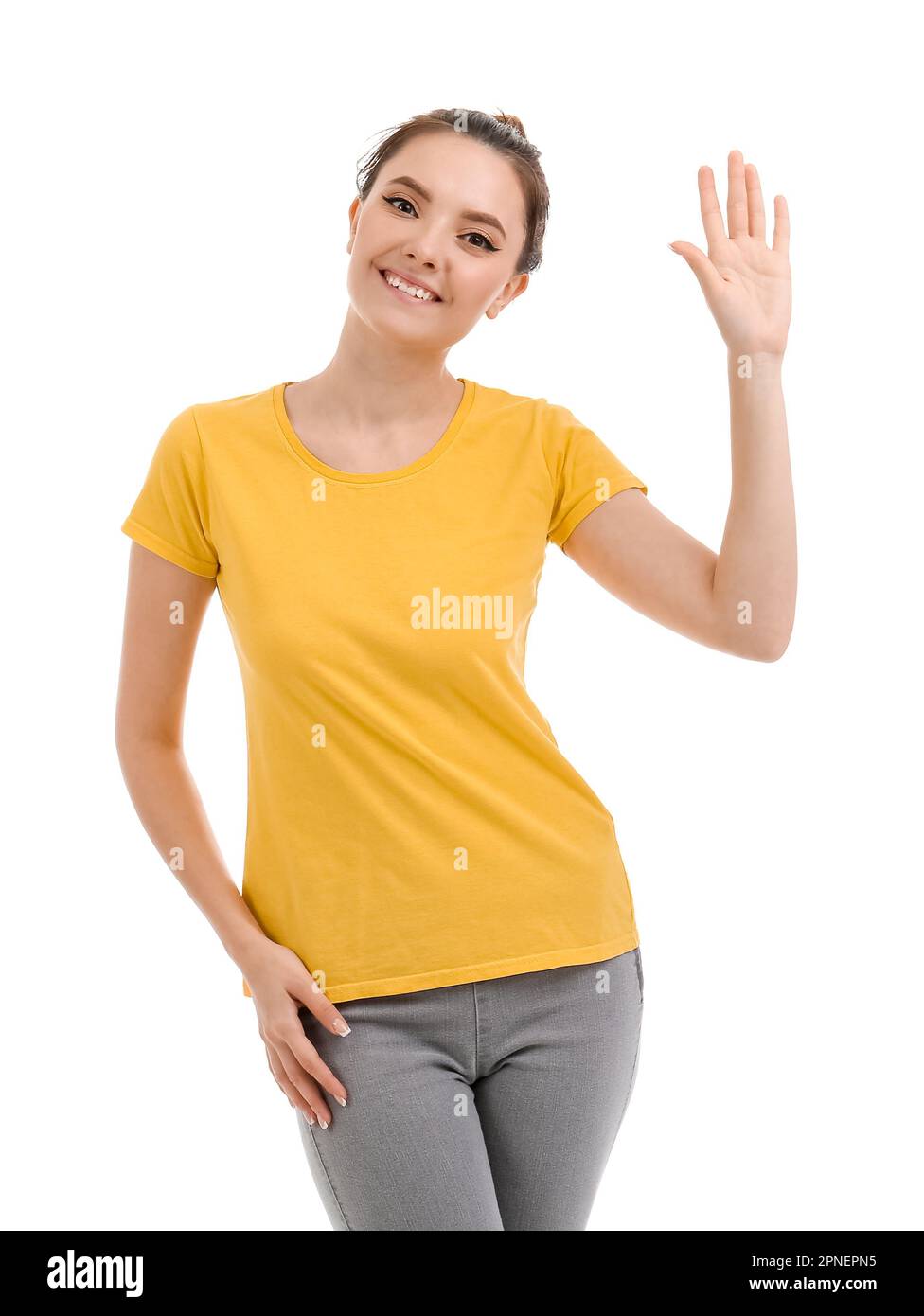 Beautiful young woman waving hand on white background Stock Photo - Alamy
