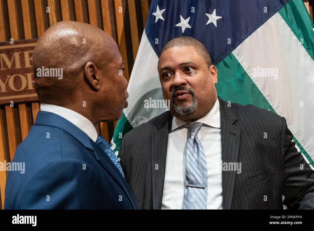 New York, USA. 18th Apr, 2023. Mayor Eric Adams and Manhattan DA Alvin Bragg attend briefing on ...